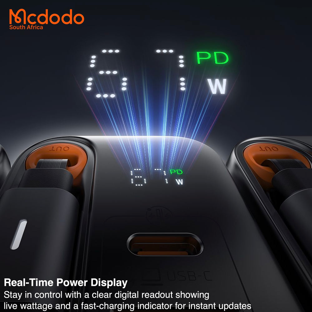 Mcdodo 67w GaN Fast Charger Retractable USB-C Cable Digital Watt Displ